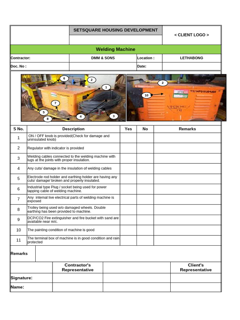 Welding Machine HSE Checklist AD Internal | PDF