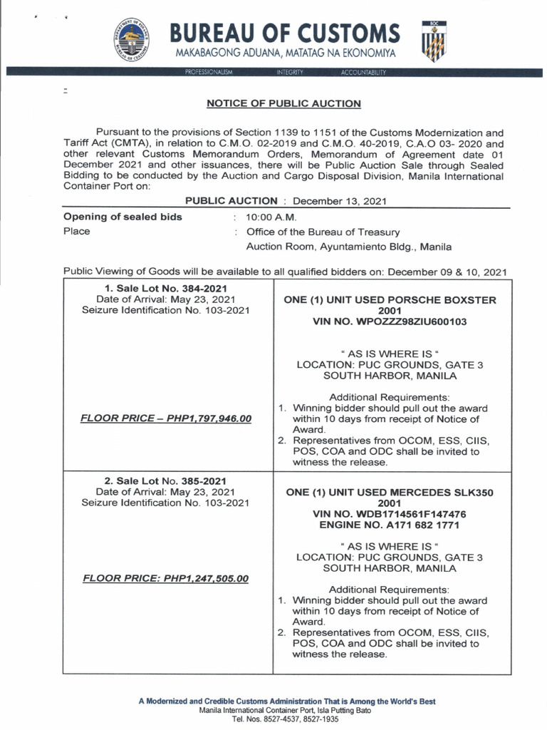 Notice of Public Auction Luxury Cars | PDF