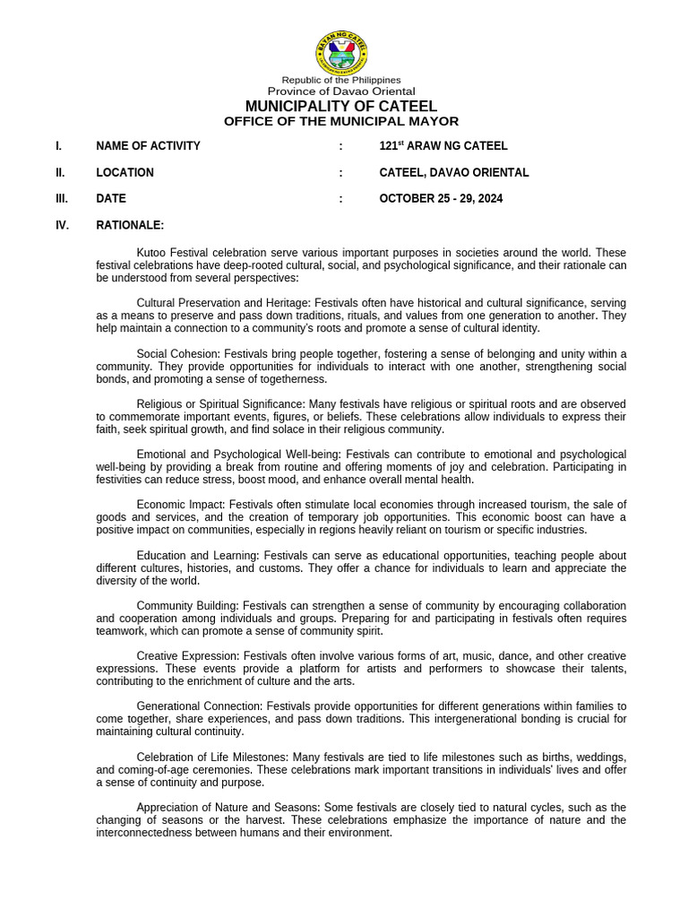 ARAW NG CATEEL 2024 Activity Design | PDF | Festival | Traditions
