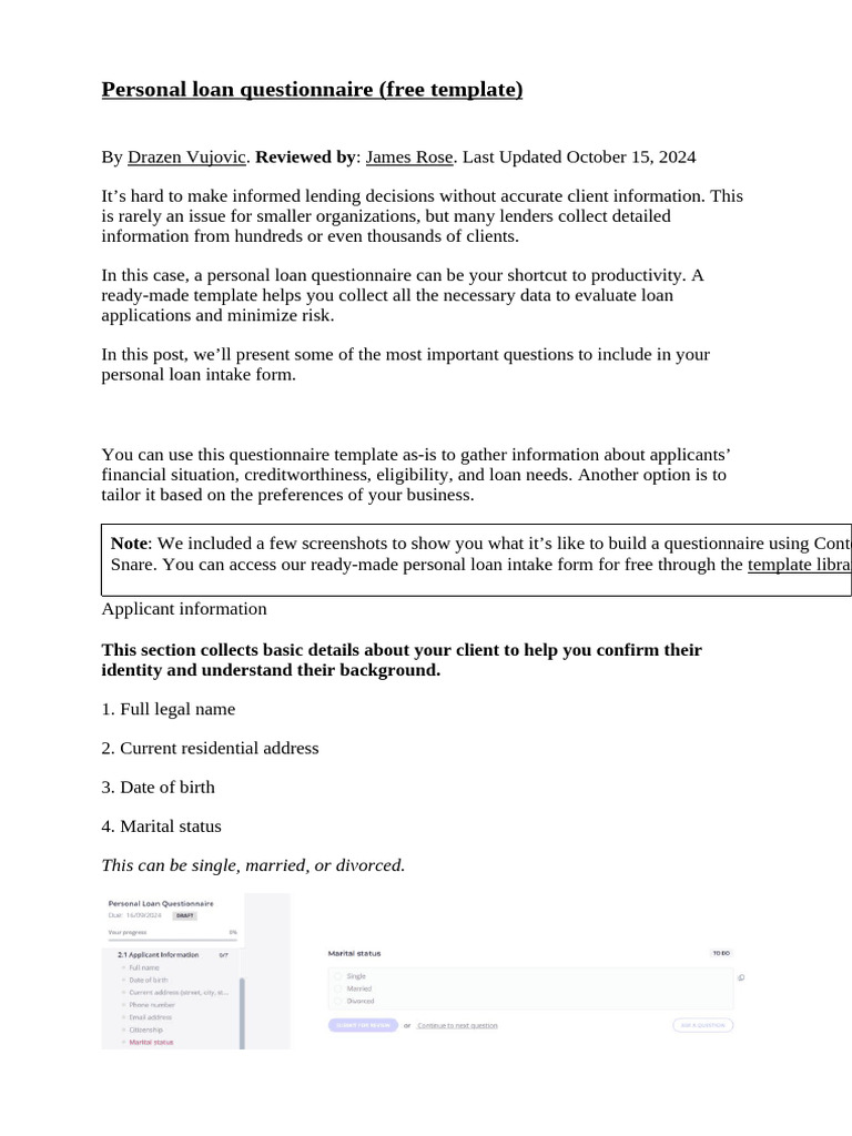Personal Loan Questionnaire Template | PDF | Loans | Debt