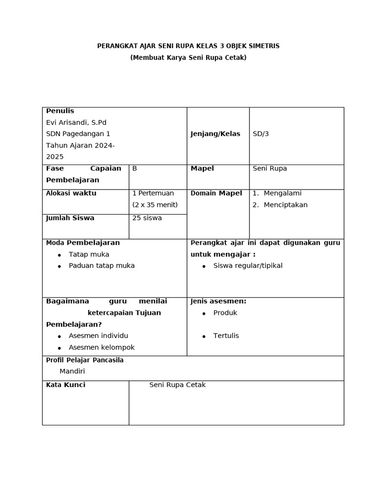 Modul Ajar Seni Rupa Kelas 3 Bu Evi Word | PDF