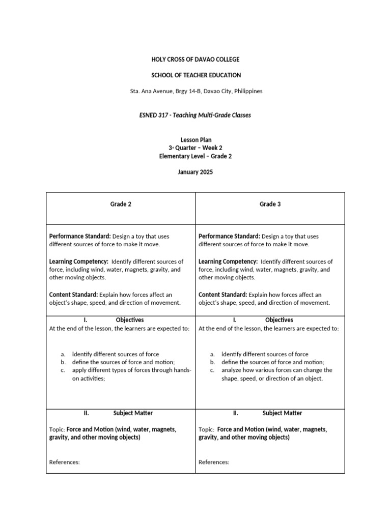 Lesson Plan - Multi-Grade (Science) | PDF | Force | Lesson Plan