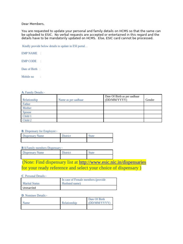 Update Family Details for ESIC Card | PDF
