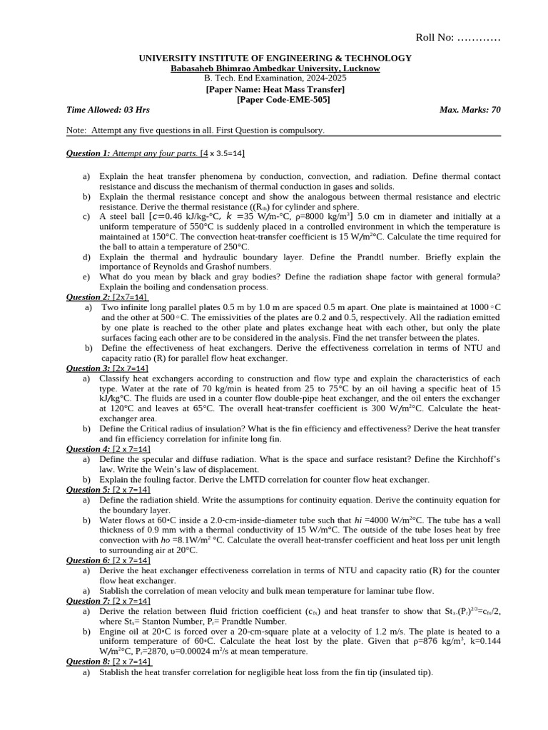 Heat Transfer Exam Questions and Concepts | PDF | Heat Transfer ...
