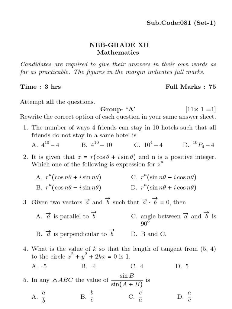 Model Question For Practice Mathematics - XII | PDF | Ellipse | Matrix ...