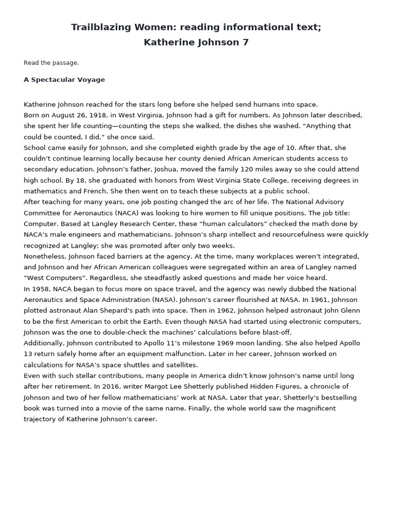 Trailblazing Women Reading Text | PDF | Katherine Johnson | Space ...