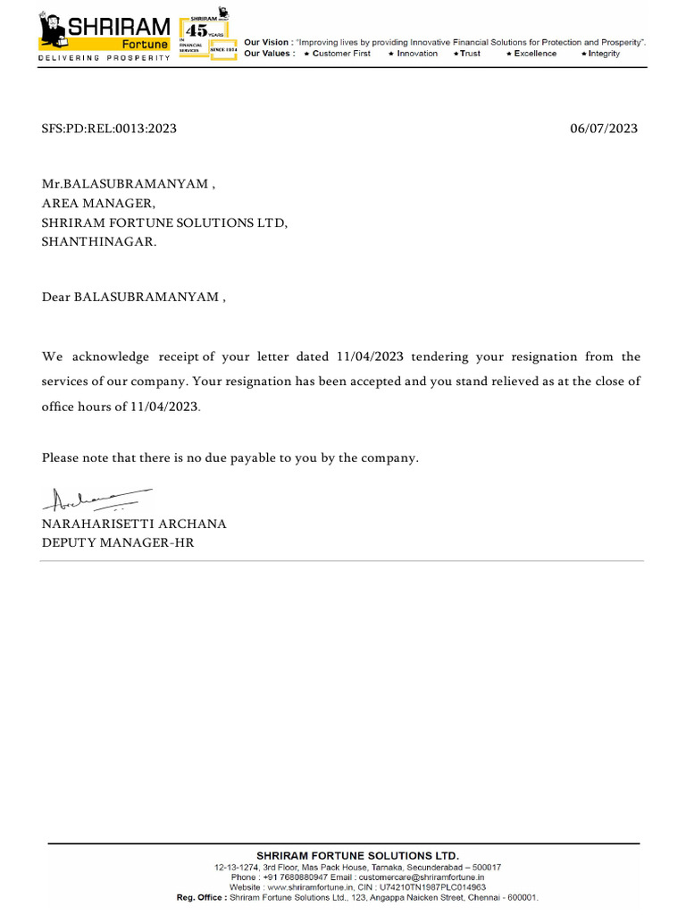 SFS Relieving - FORMAT | PDF
