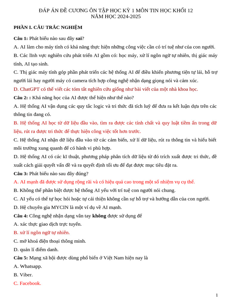 Khối 12-Đáp Án Ôn Thi HK1 | PDF