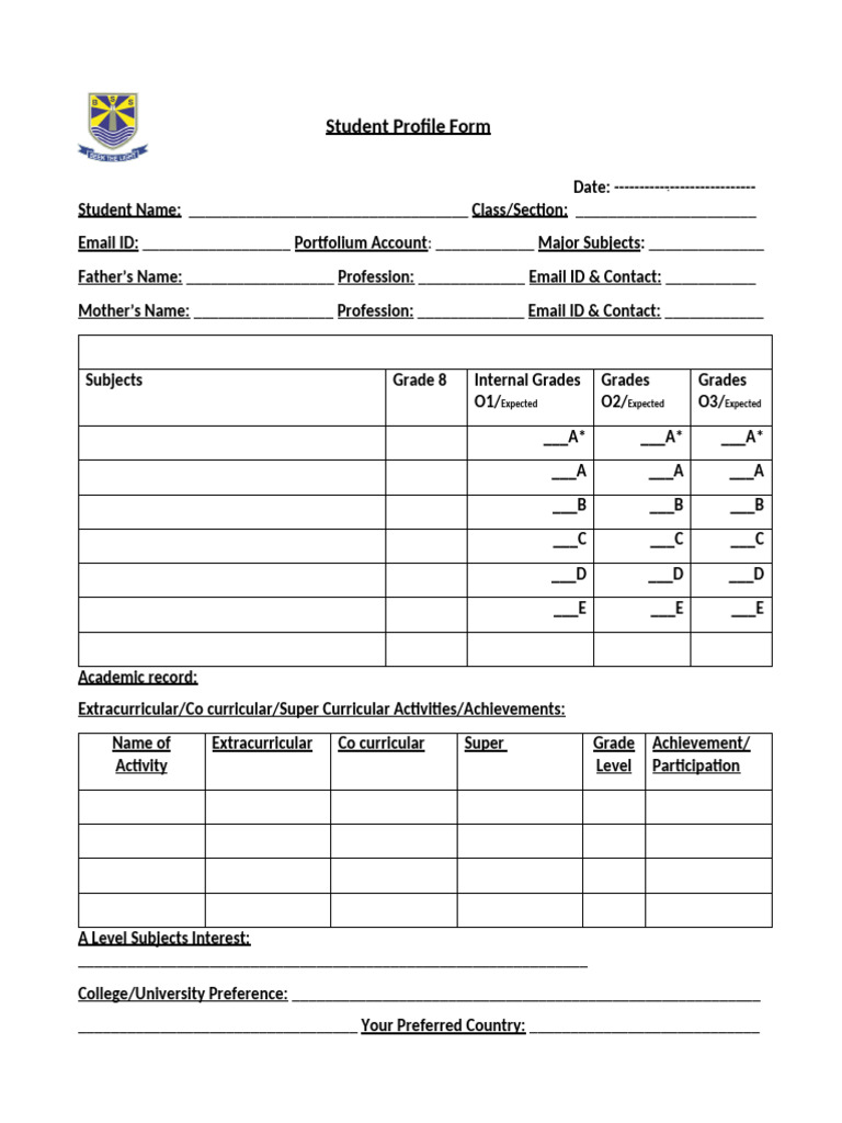 Student Profile Form - One Page Updated | PDF