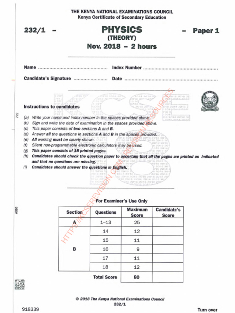 2018 KCSE KNEC PHYSICS P1.TextMark | PDF