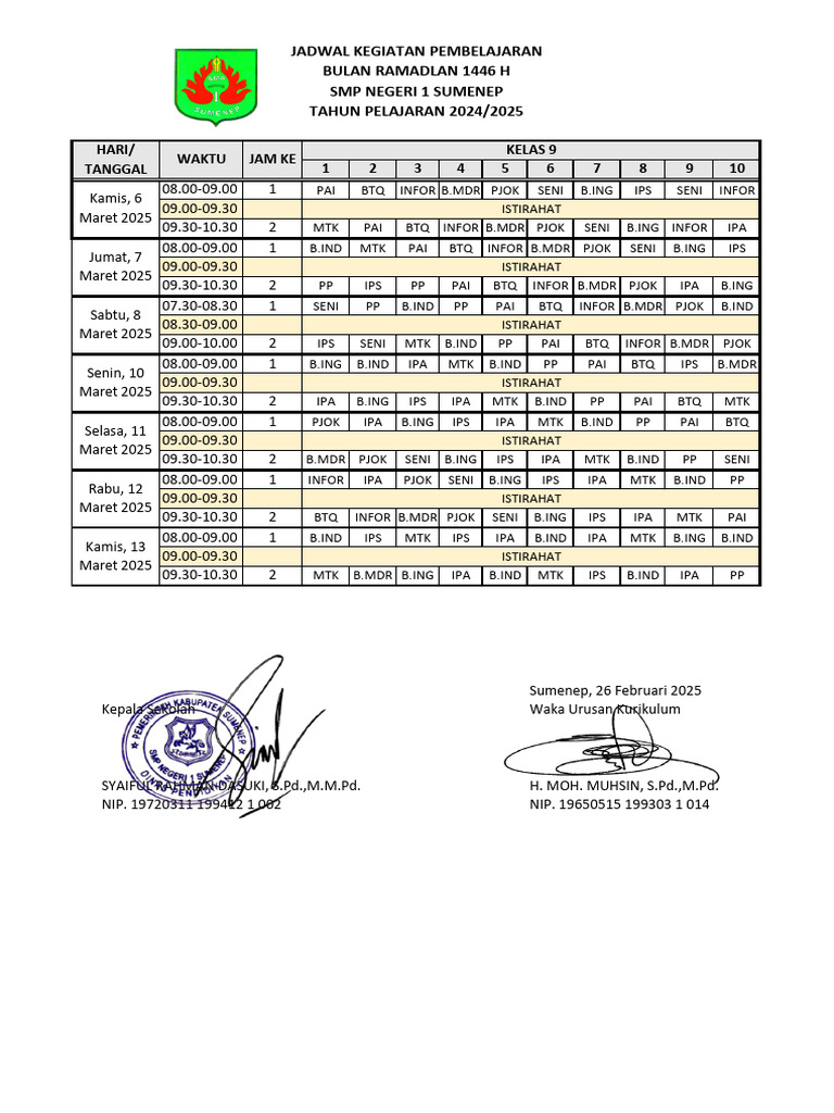 Rev. Jadwal KBM Puasa Kls 9 | PDF
