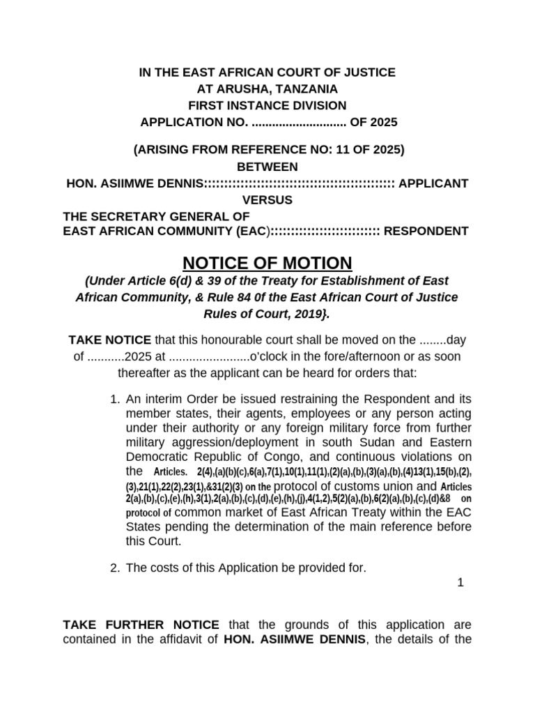 Notice of Motion EAC FINAL | PDF | Treaty | Government