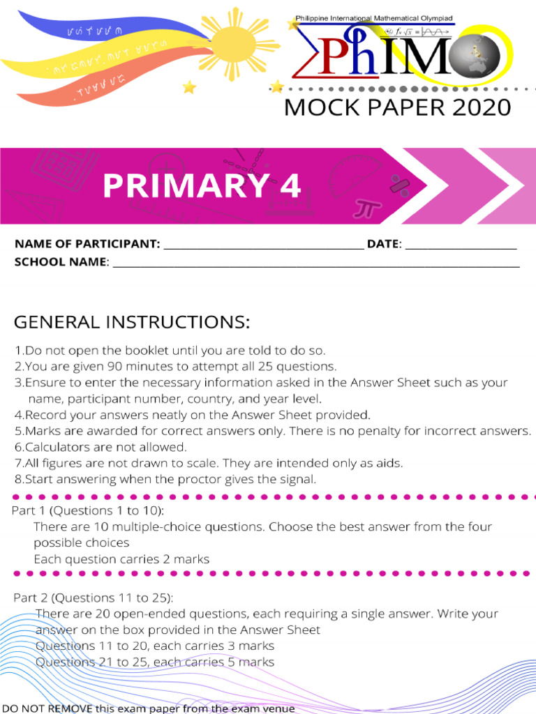 PHIMO Primary 4 Mock Exam 2020 | PDF | Area | Prime Number