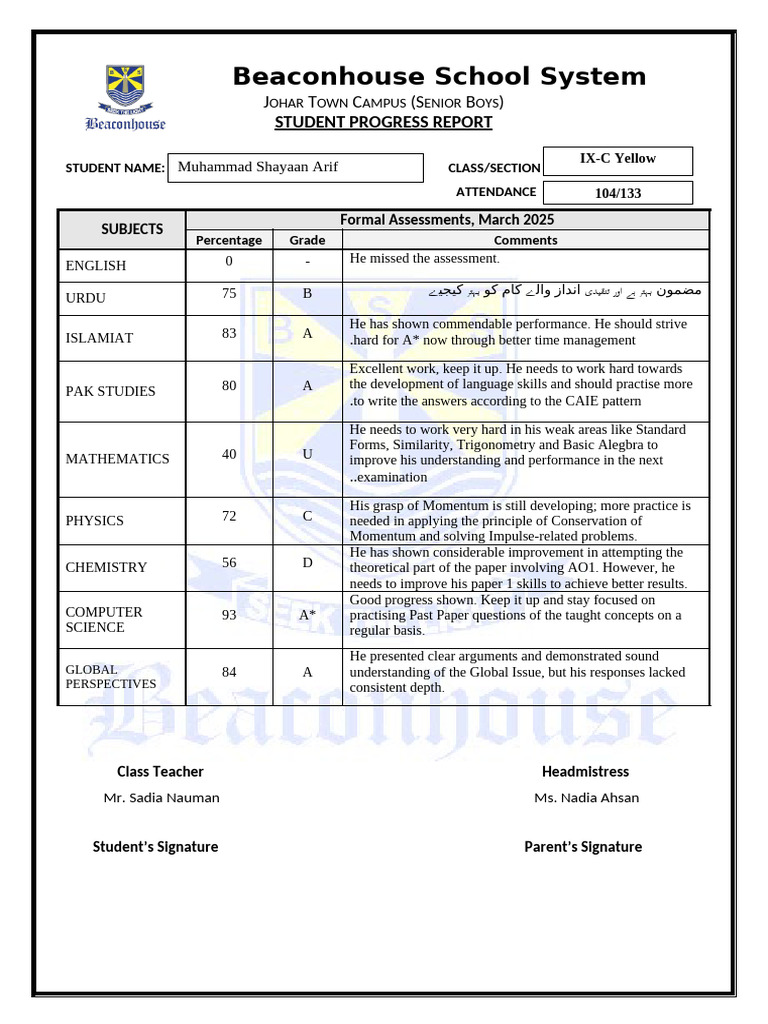 IXC YELLOW - Final Report Cards - March 2025 Assessments | PDF ...