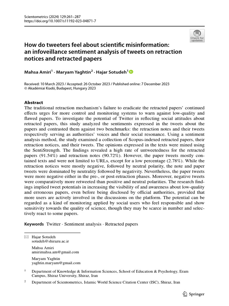 How do tweeters feel about scientific misinformation: an infoveillance sentiment analysis of ...