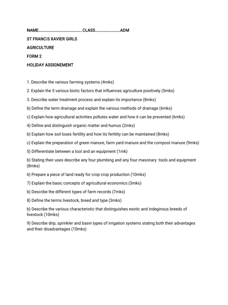 Agriculture Holiday Assignment Assignments - Form 2 - Agriculture | PDF