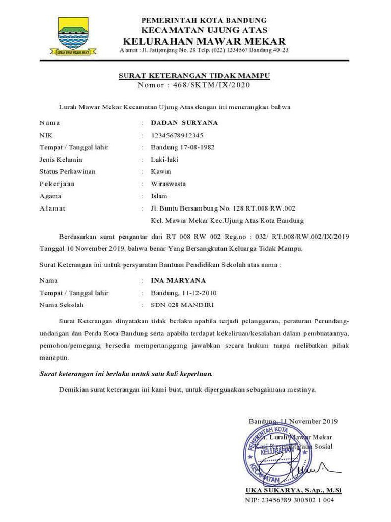 Contoh SKTM (Surat Keterangan Tidak Mampu) - HelpShared | PDF