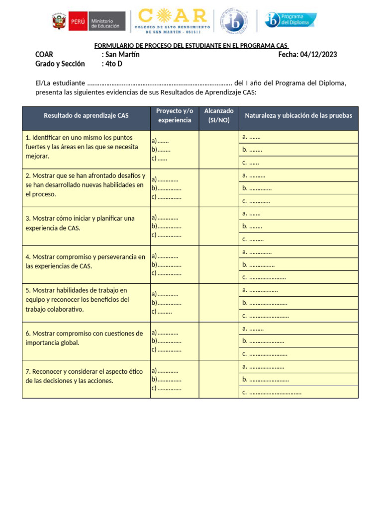 Formulario de Proceso Del Estudiante en El Programa Cas | PDF | Aprendizaje