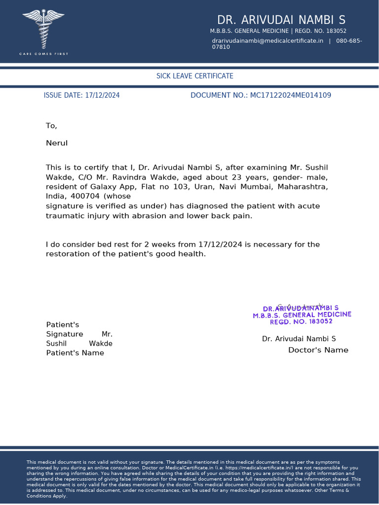 Sick Leave Certificate for Lower Back Pain | PDF