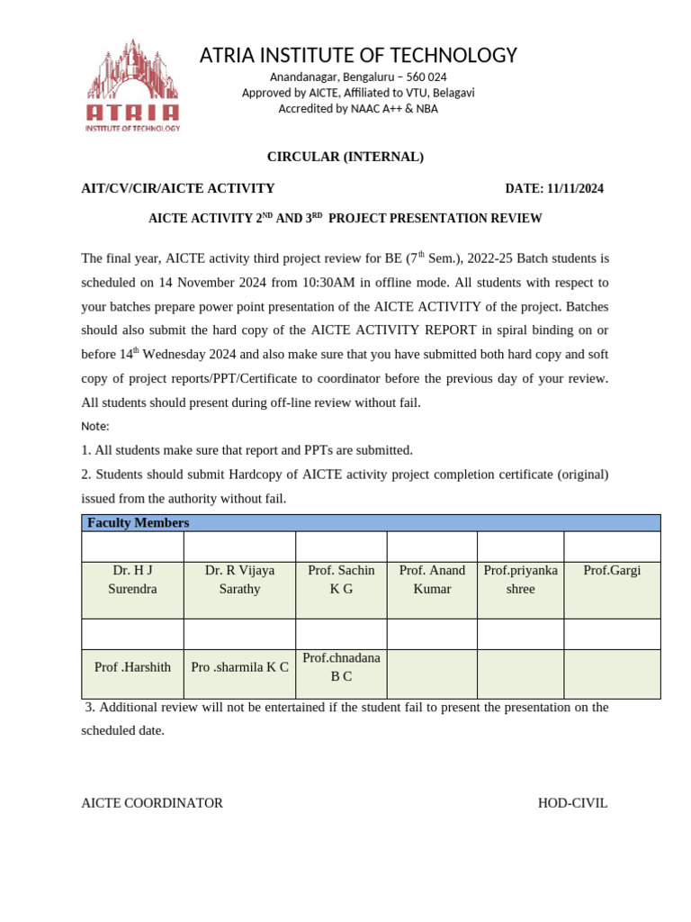 AICTE Project Presentation Review Notice | PDF
