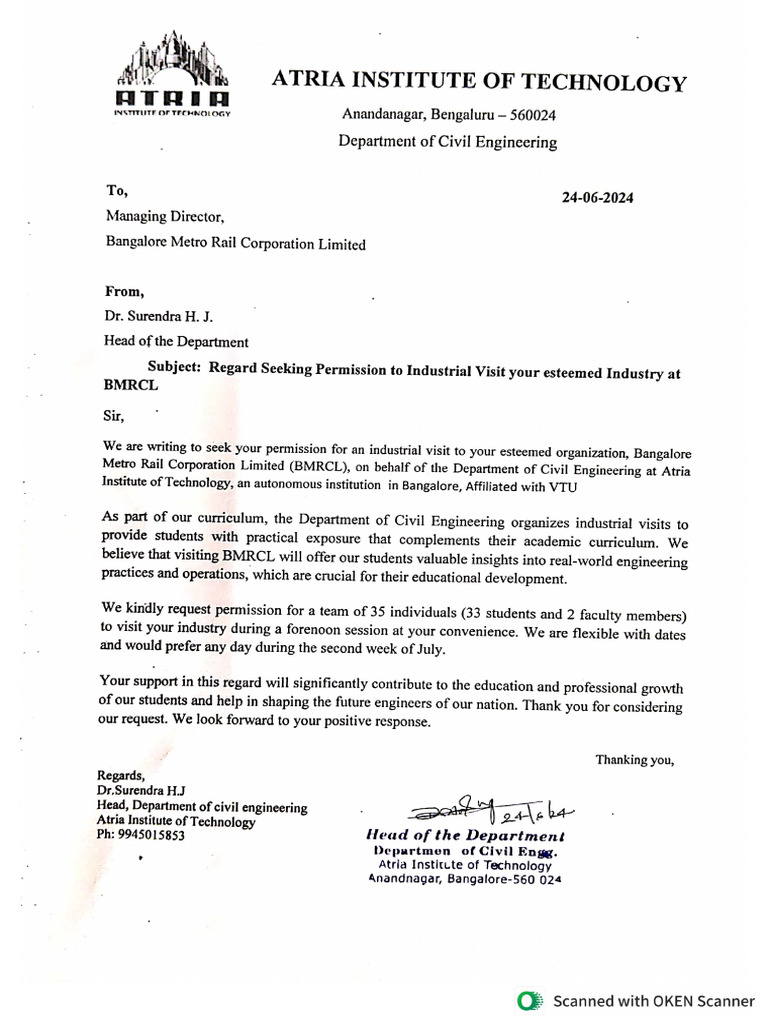 Industrial Visit Permission Letter | PDF