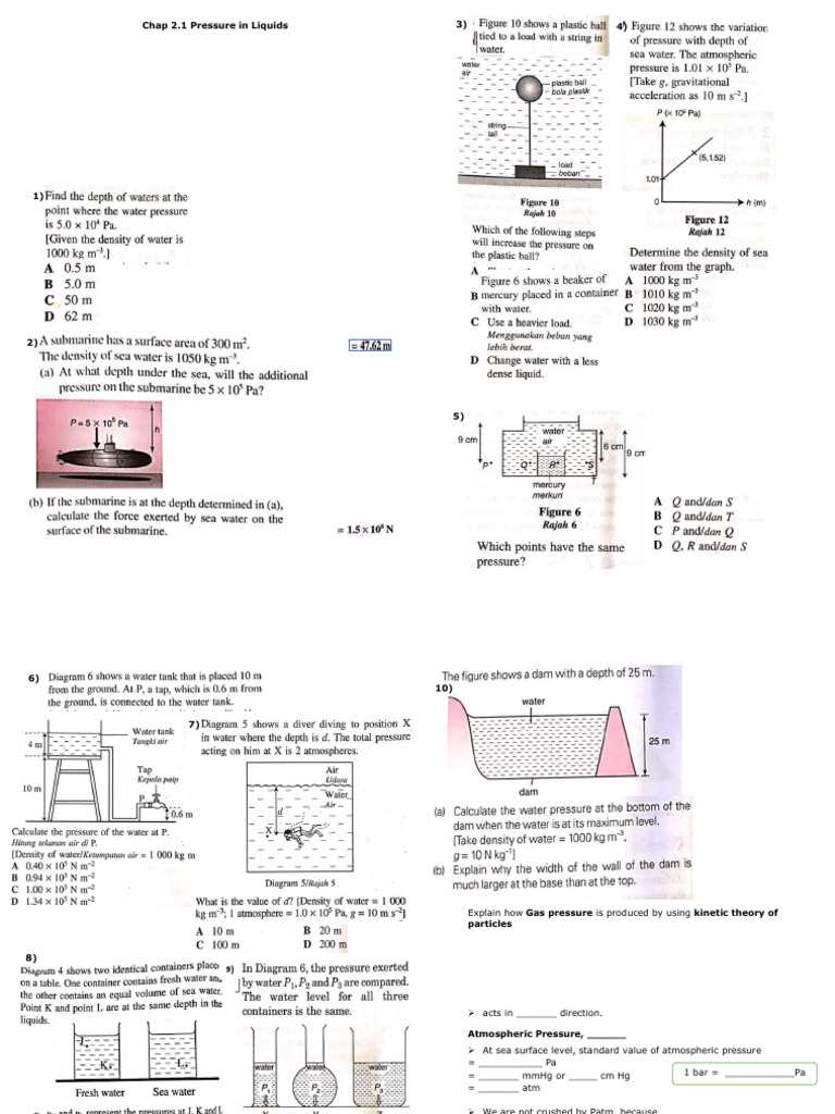 Form 5 - Phy - Chap 2 Pressure - 2023 | PDF | Pressure | Pascal (Unit)