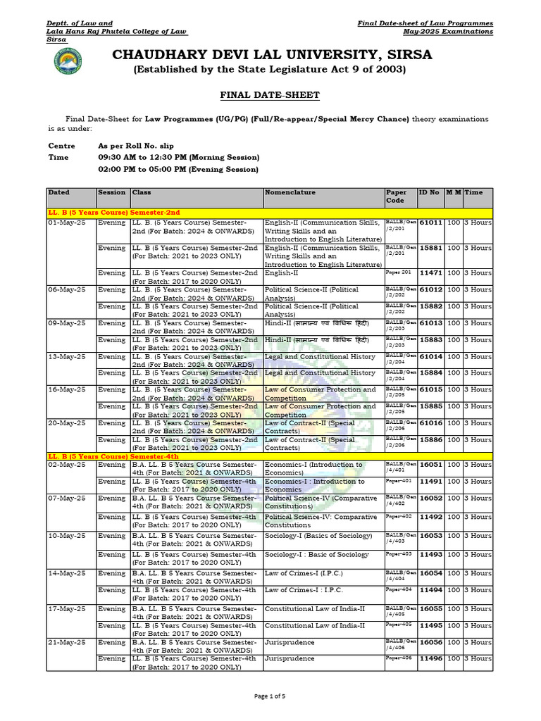 Final Date-sheet of Law | PDF | Justice | Crime & Violence