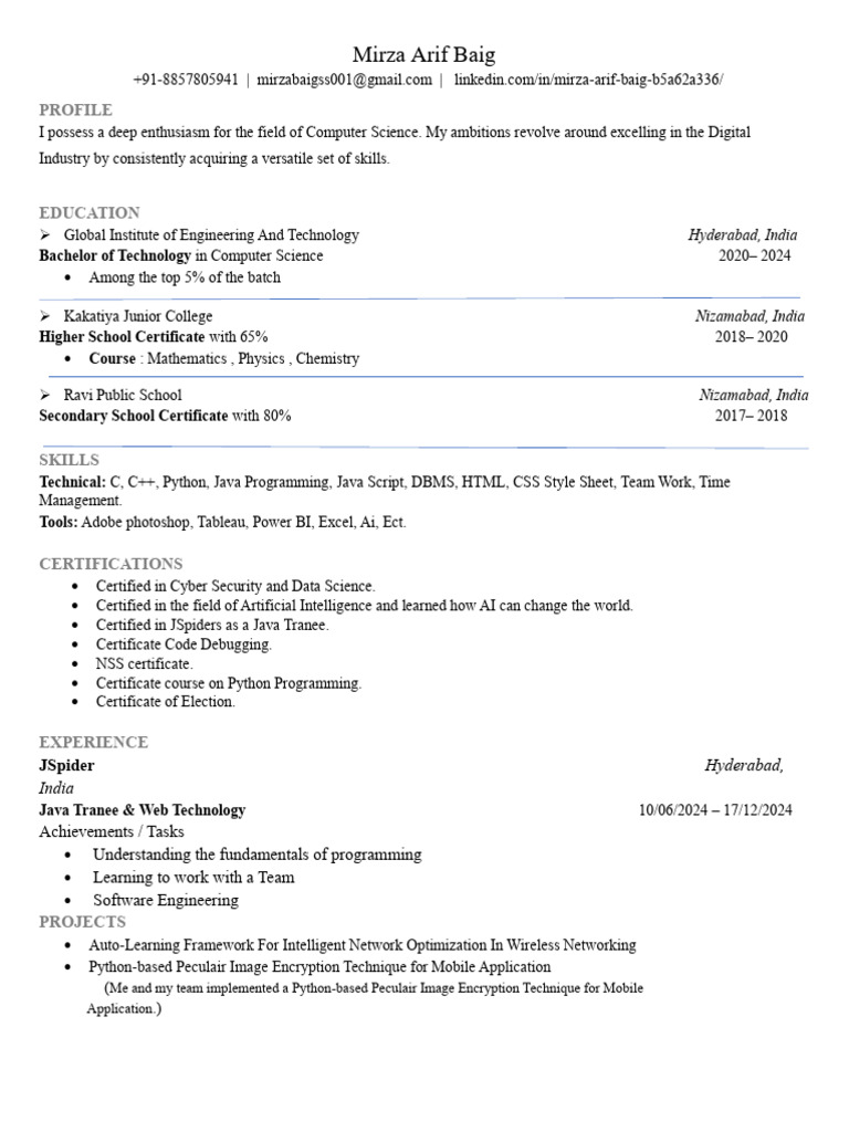 Mirza Arif Baig: Computer Science Profile | PDF | Computer Programming | Artificial Intelligence