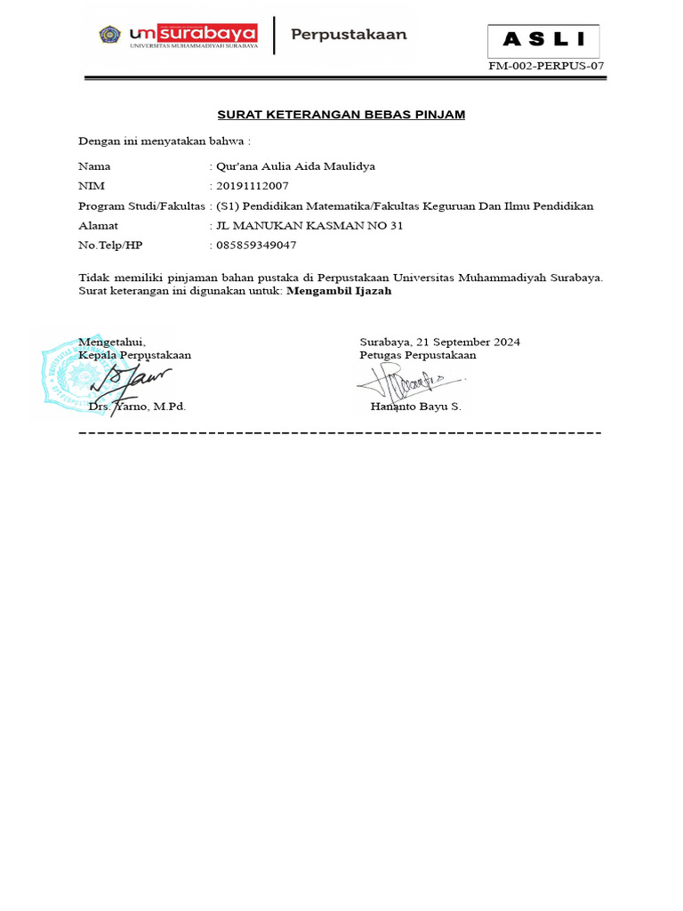 Surat Keterangan Bebas Pinjam Qur'Ana Aulia Aida Maulidya | PDF