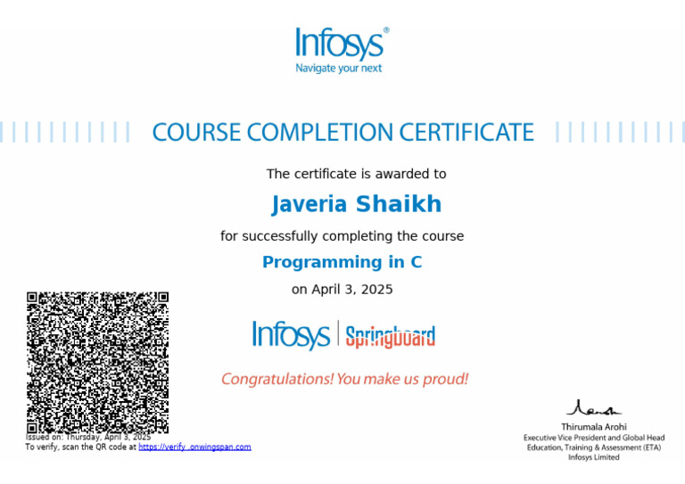 Javeria Shaikh: C Programming Certificate | PDF