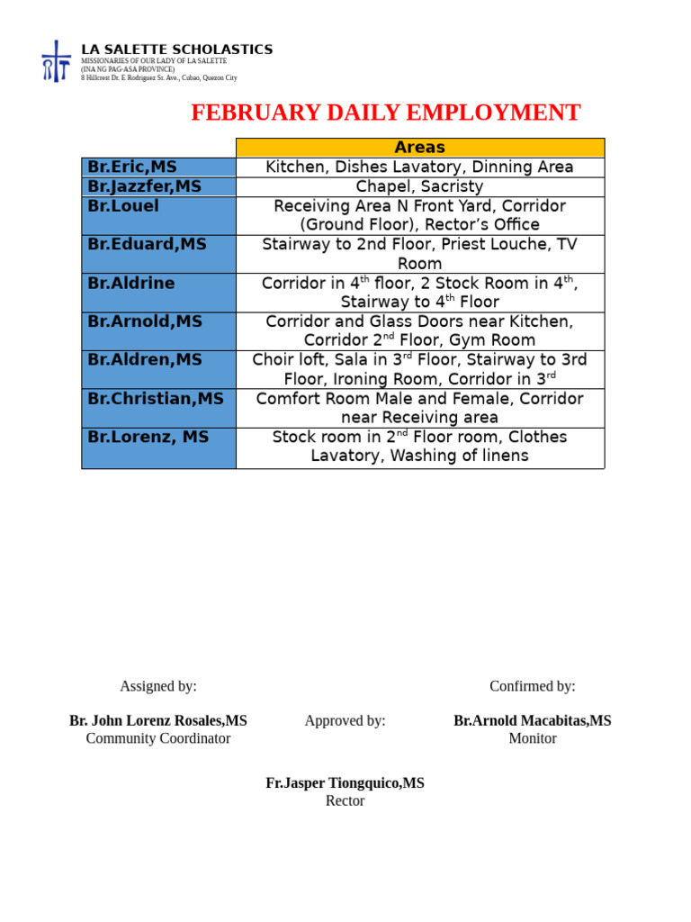 La Salette Scholastics February Tasks | PDF