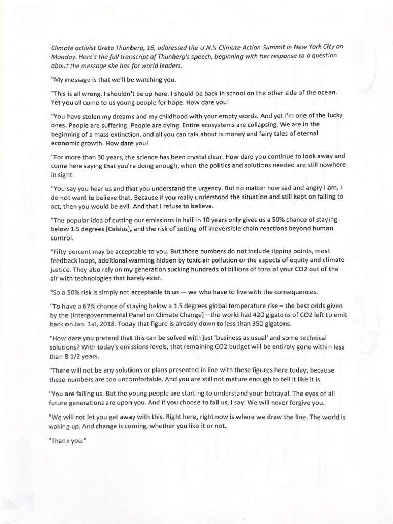 Greta Thunberg Speech. | PDF