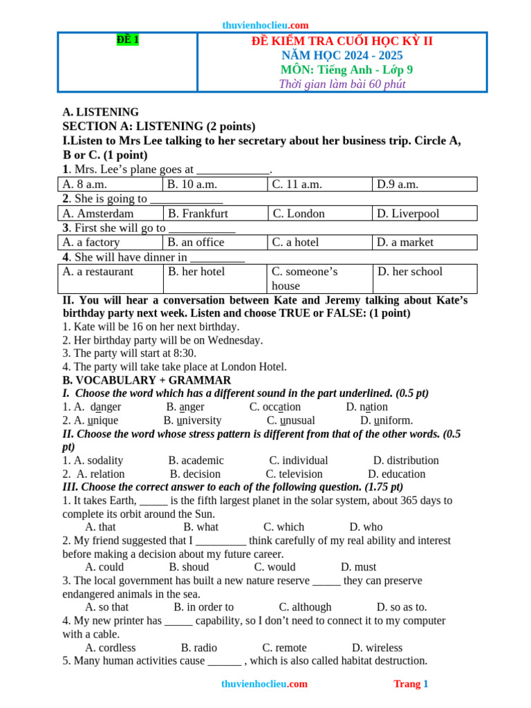 thuvienhoclieu.com-De-kiem-tra-cuoi-HK2-Tieng-Anh-9-Global-De-1 | PDF | Teachers | Videotelephony