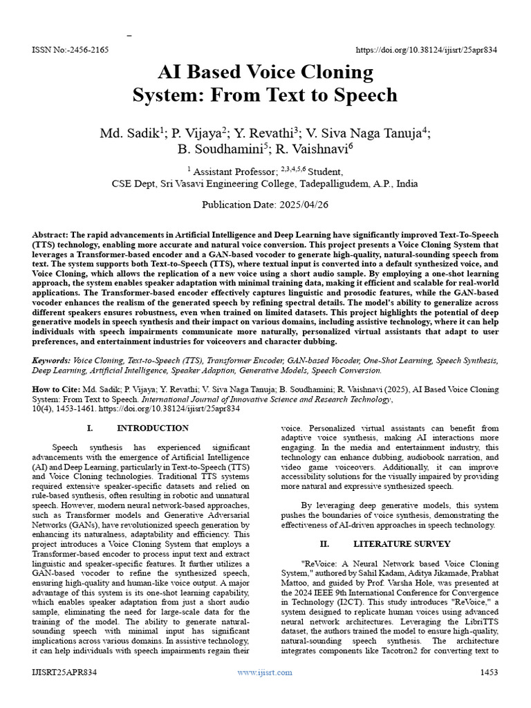AI Based Voice Cloning System: From Text to Speech | PDF | Speech Synthesis | Speech Recognition
