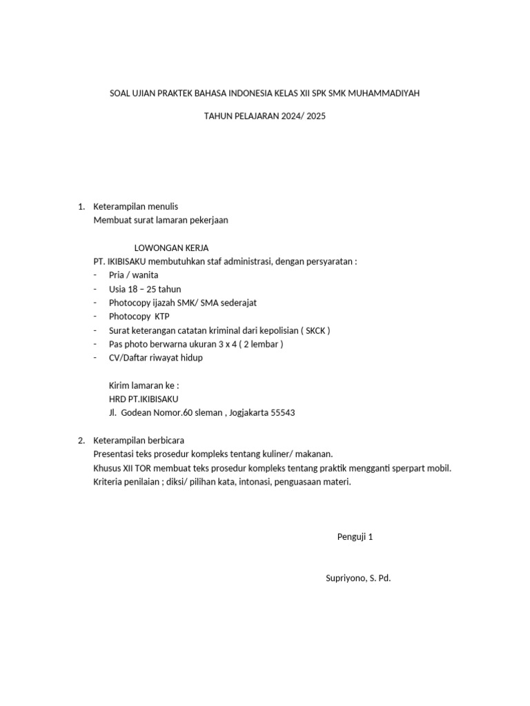 Soal Ujian Praktek B.indonesia Kelas Xii SPK SMK Muhammadiyah-1-1 | PDF