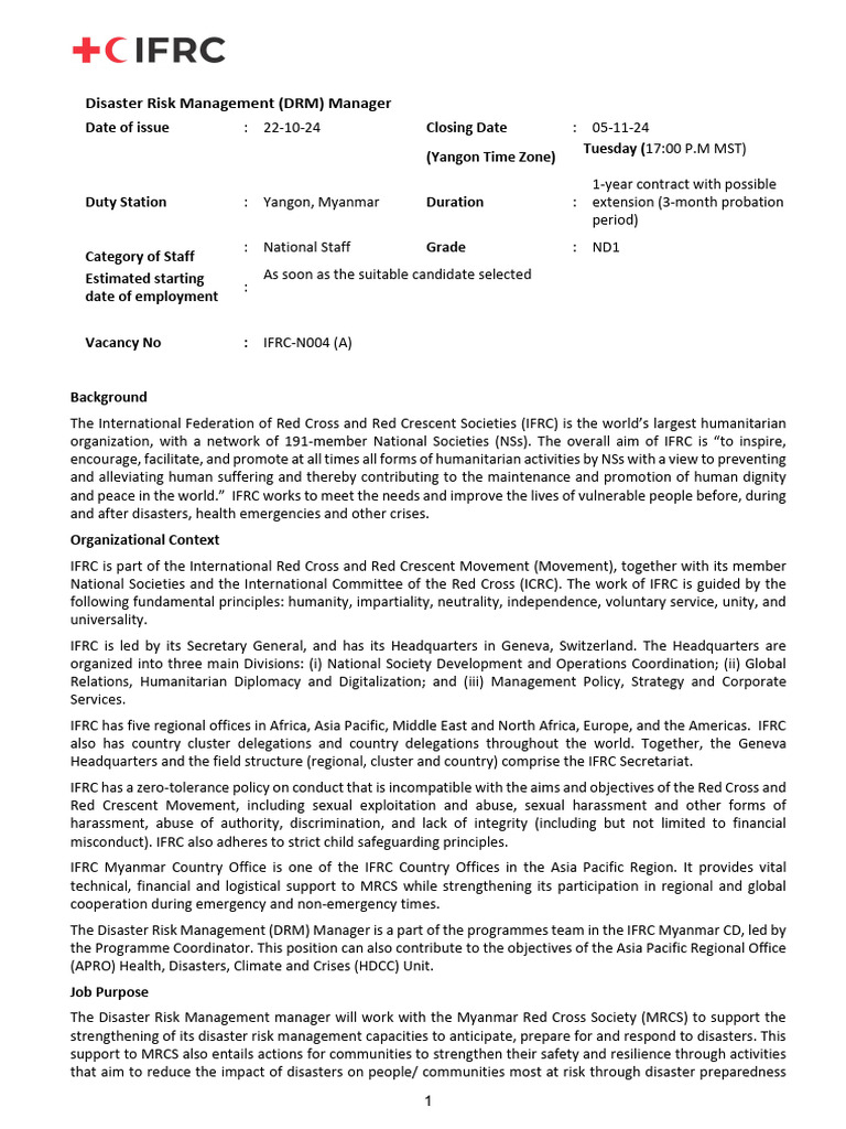 IFRC-N004A Disaster Risk Management DRM Manager Job Ad | PDF ...