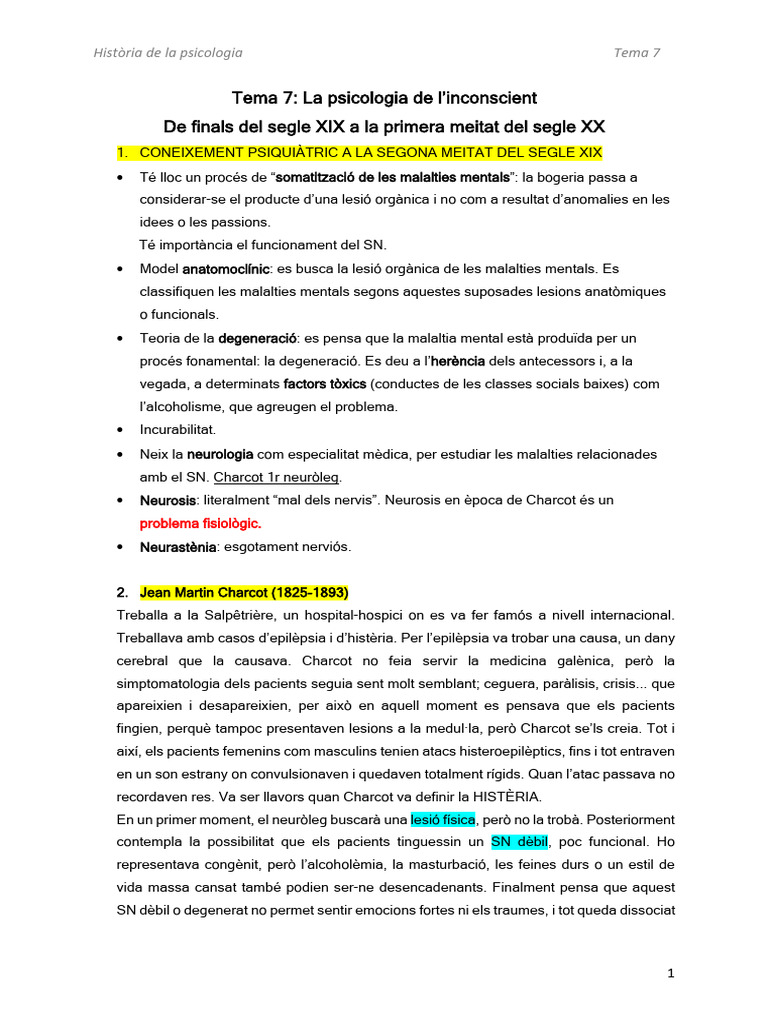 TEMA 7 - La Psicologia de L'inconscient de Finals Del Segle XIX A La ...