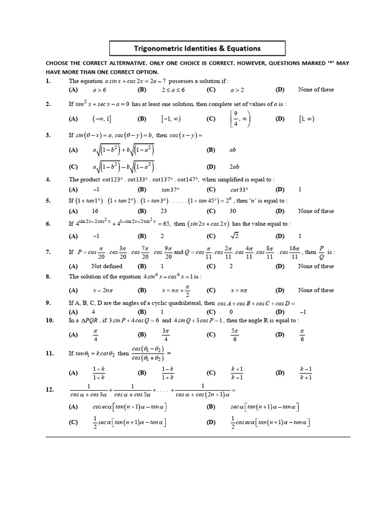 Trigonometric Identities Quiz | PDF | Trigonometric Functions ...