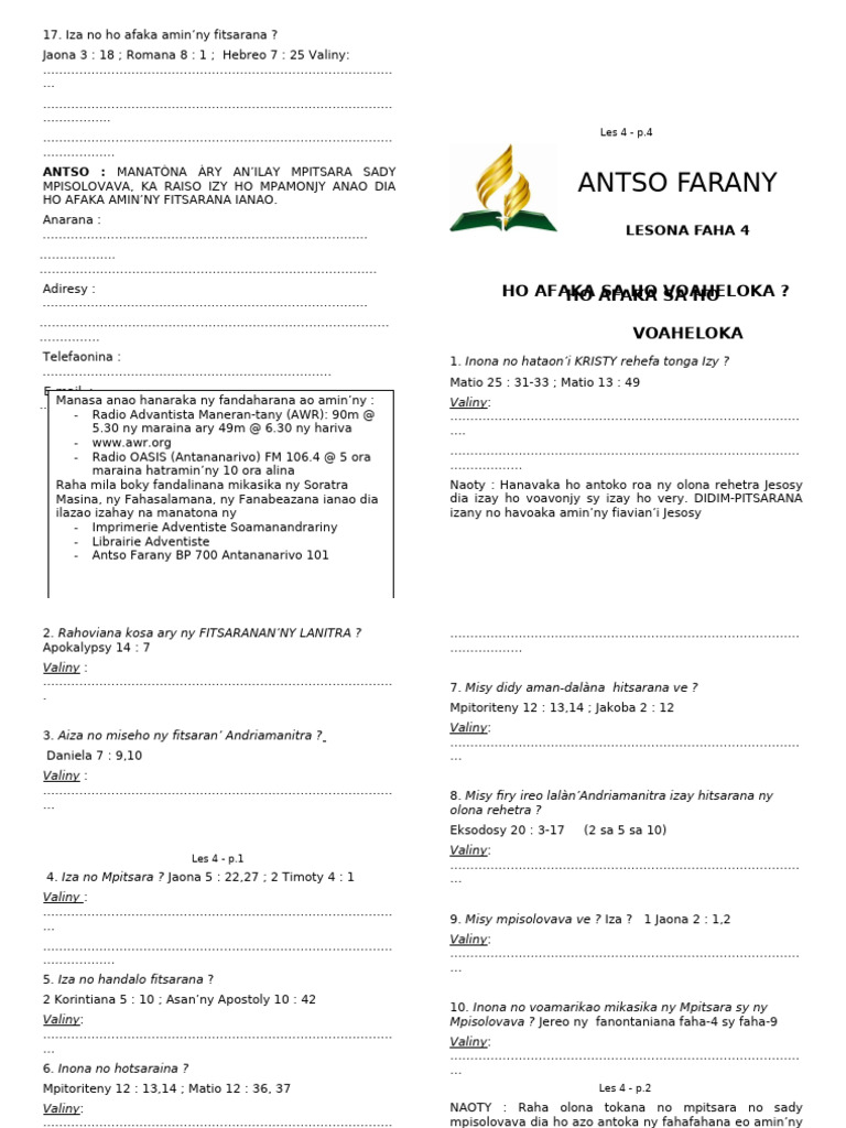 Antso Farany: Ho Afaka Sa Ho Voaheloka Ho Afaka Sa Ho Voaheloka ? | PDF