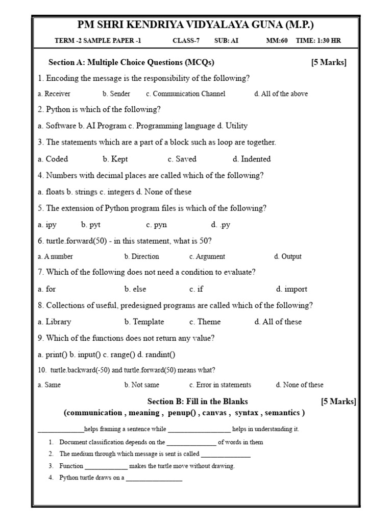 Class 7 Ai Sample Paper 1 | PDF | Python (Programming Language) | C ...