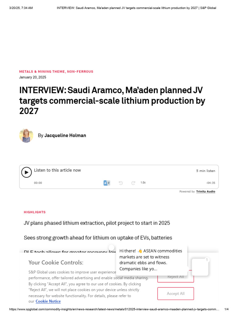 INTERVIEW - Saudi Aramco, Ma'Aden Planned JV Targets Commercial-Scale Lithium Production by 2027 ...