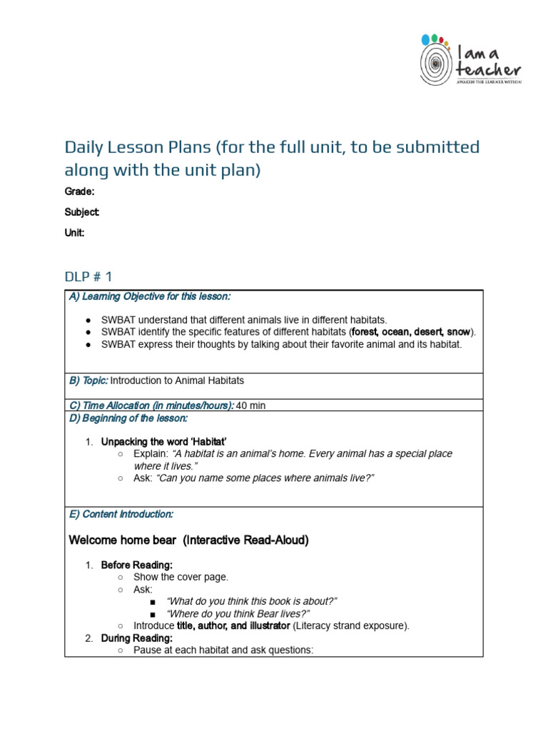 Daily Lesson Plans: Animal Habitats | PDF | Zoology