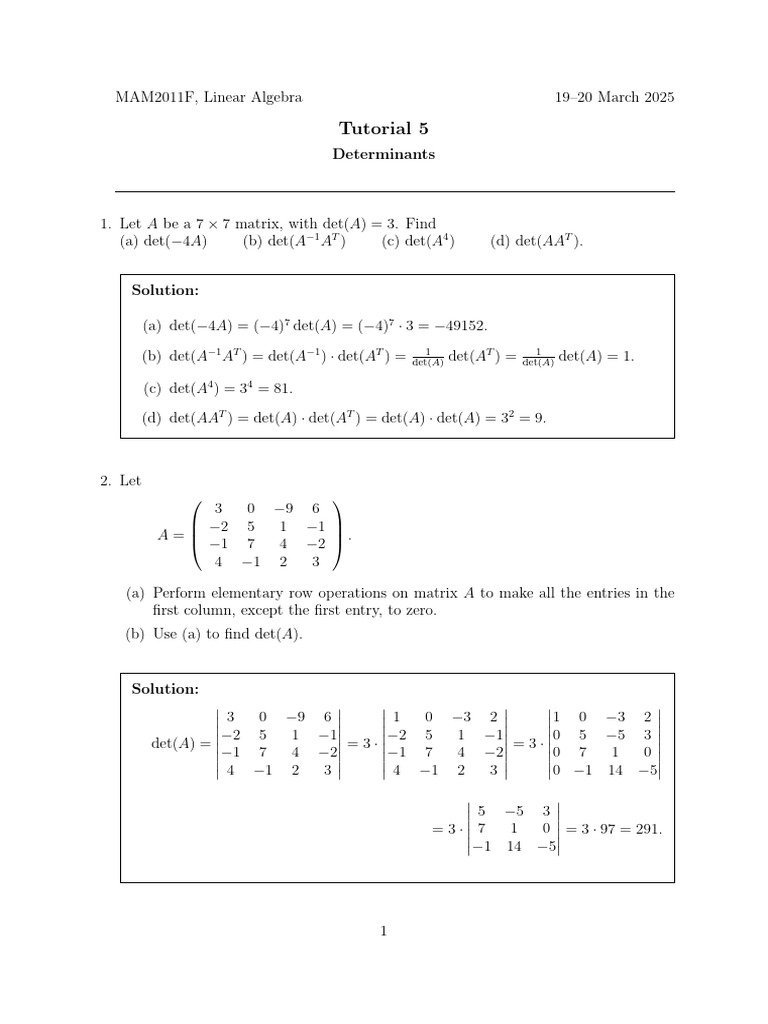 Tutorial 05 - Solutions | PDF | Determinant | Matrix (Mathematics)