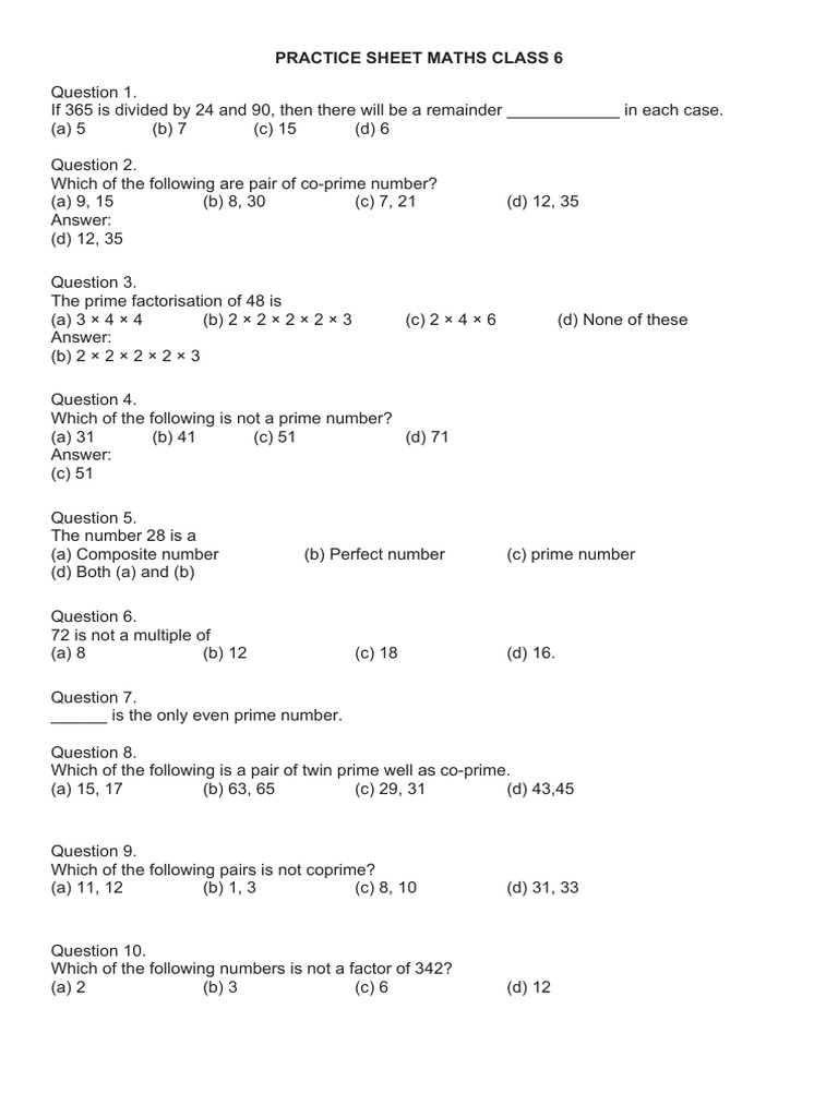Class 6 Practice Sheet Maths | PDF | Number Theory | Arithmetic