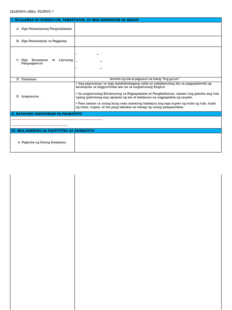 LESSON PLAN TEMPLATE (FILIPINO) | PDF