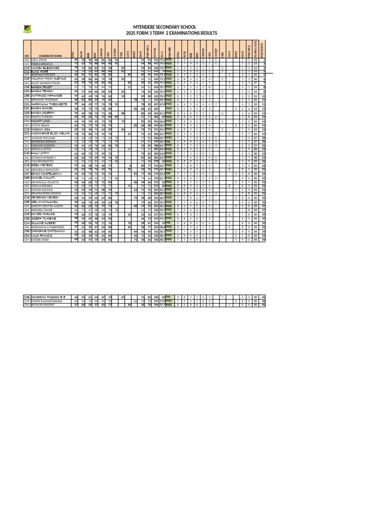 Term 2 Mtendere Results 20242025 Form3main School | PDF