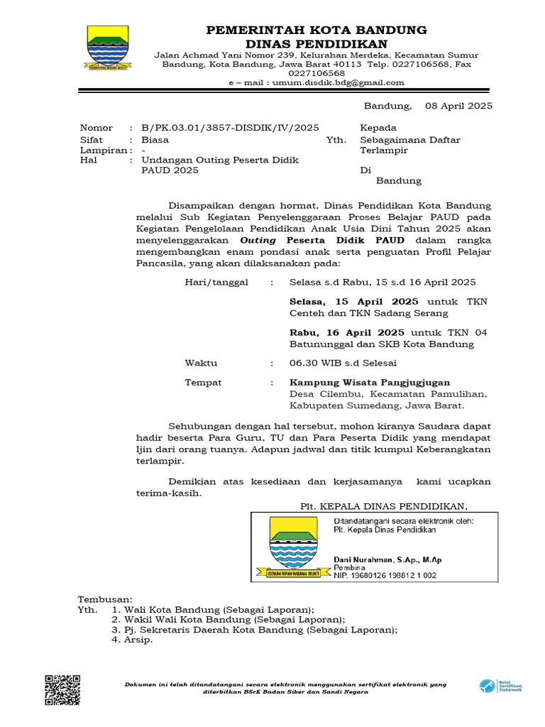 Undangan Kegiatan Outing Peserta Didik PAUD 15 - 16 April 2025 at Kampung Wisata Pangjugju | PDF