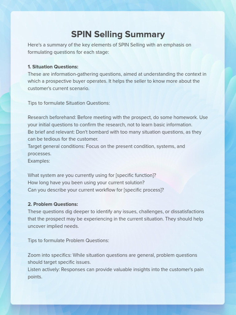 659599769d04d2bc3a507405_SPIN Selling Summary | PDF | Learning | Cognition