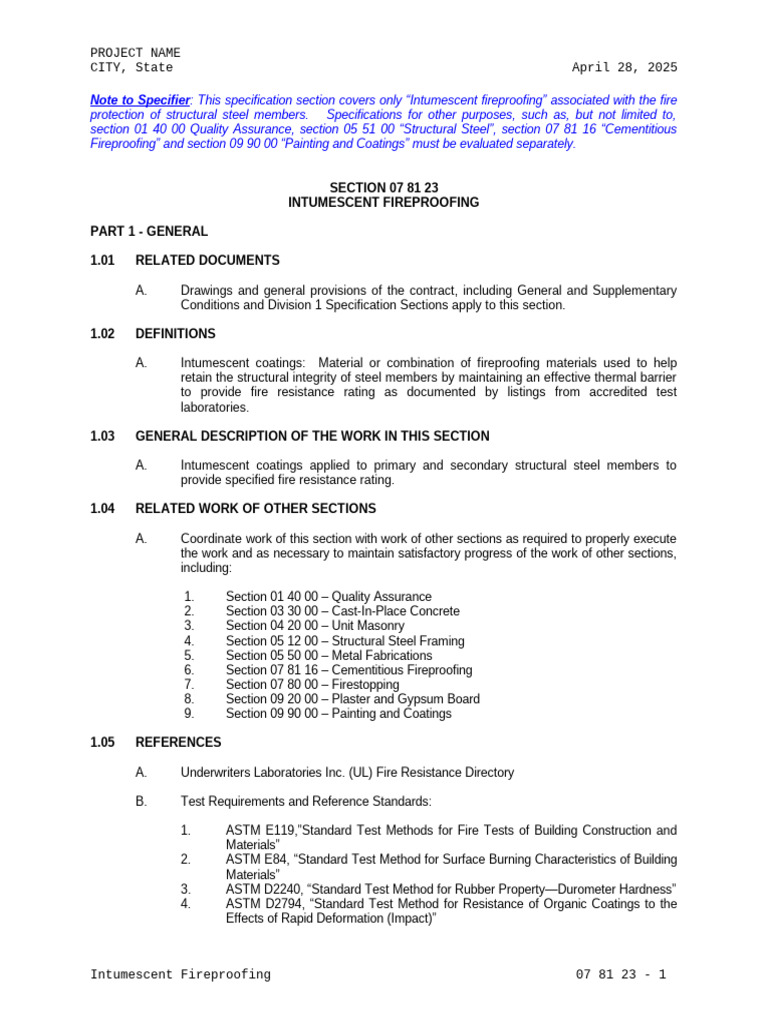 Spec Section 07 81 23 For Intumescent Fireproofing Specification Text ASSET DOC LOC 6425846 ...