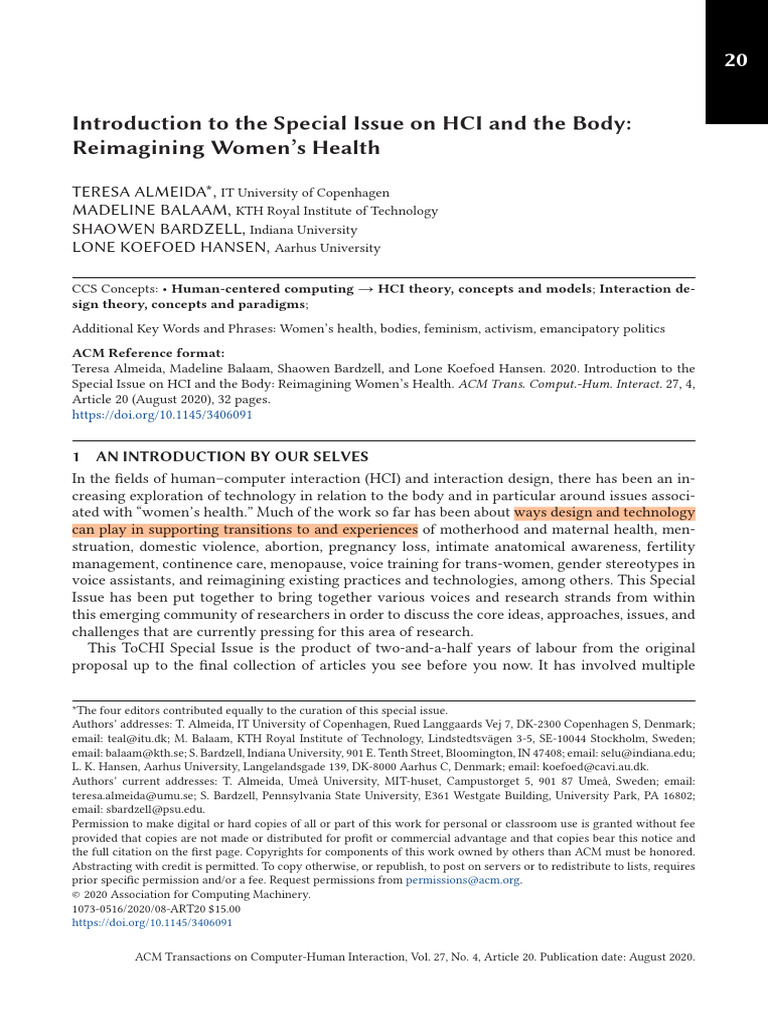 Introduction to the Special Issue on HCI and the Body; Reimagining ...